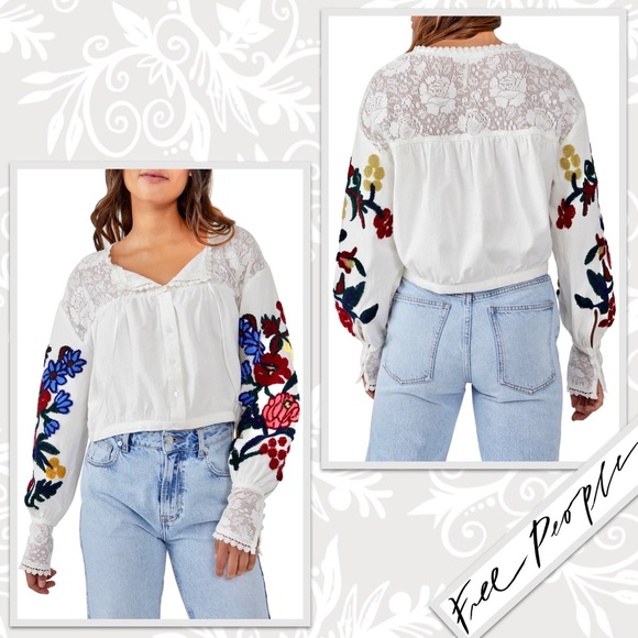Free People | Tops | Free People Meadows Embroidered Cropblouse ...